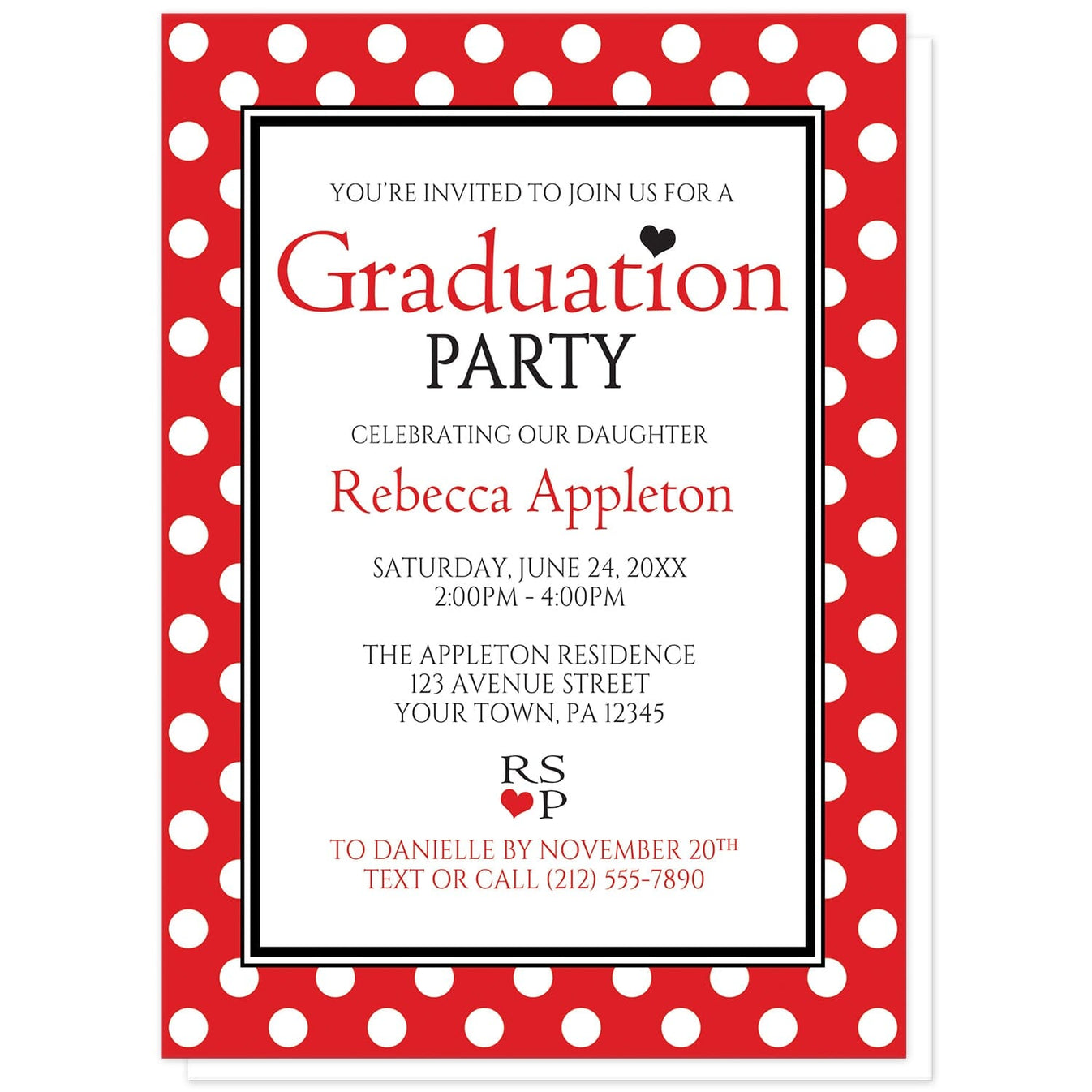 Red Polka Dot Black and White Graduation Invitations – Artistically Invited